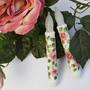 Romantic Decorative Battery Operated 6 Inch Short Flameless Taper Candles with Hand Painted Pink Roses Spring Decor