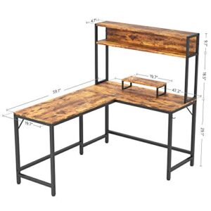 CubiCubi L-Shaped Desk with Hutch,59" Corner Computer Desk,Home Office Gaming Table Workstation with Storage Bookshelf