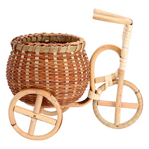 Garneck Small Rattan Basket Bamboo Woven Tricycle Shape Rack Belly Round Basket Handmade Multifunctional Dried Nuts Pencil Pen Bucket for Home Living Room Light Brown