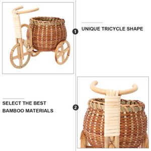 Garneck Small Rattan Basket Bamboo Woven Tricycle Shape Rack Belly Round Basket Handmade Multifunctional Dried Nuts Pencil Pen Bucket for Home Living Room Light Brown