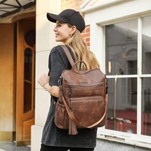 CLUCI Backpack Purse for Women Fashion Leather Designer Travel Large Ladies Shoulder Bags with Tassel Two-toned Brown