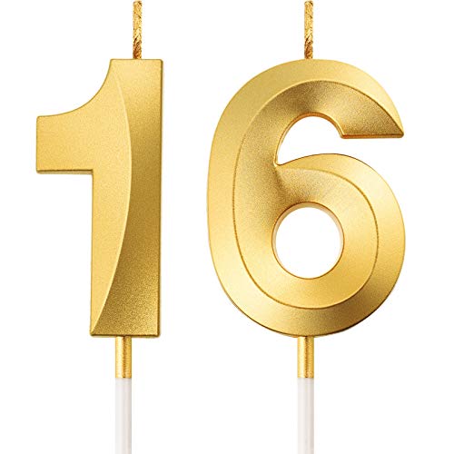 BBTO 16th Birthday Candles Cake Numeral Candles Happy Birthday Cake Topper Decoration for Birthday Party Wedding Anniversary Celebration Supplies (Gold)