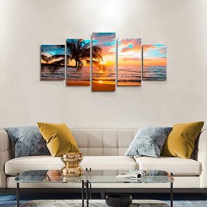 EPHANY Abstract beach canvas wall art Landscape Art - 5 Pieces Canvas Wall Art, Beach Canvas Wall Art, Sunset On Ocean,ocean beach picture,nature landscape (C-5pcs,40"x20")