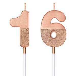 bbto 16th birthday candles glitter cake numeral candles 16th birthday cake topper decoration for birthday wedding anniversary celebration favor, rose gold