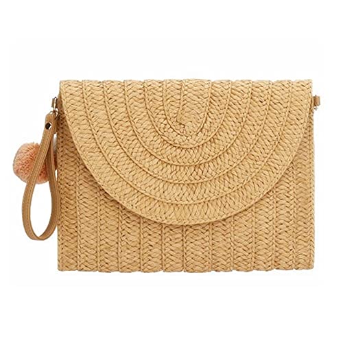 Vanknono Straw Clutch Straw Shoulder Bag for Women, Beach Handmade Straw Crossbody Bag Summer Straw Purses with PomPom for Women, Khaki