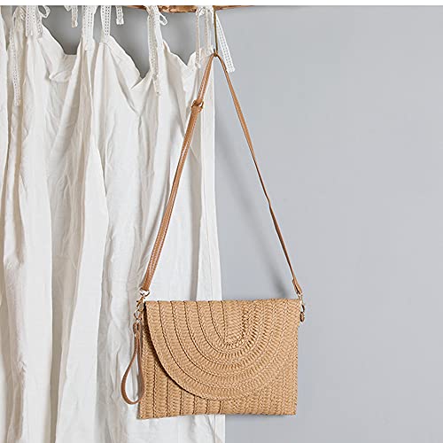 Vanknono Straw Clutch Straw Shoulder Bag for Women, Beach Handmade Straw Crossbody Bag Summer Straw Purses with PomPom for Women, Khaki