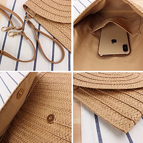 Vanknono Straw Clutch Straw Shoulder Bag for Women, Beach Handmade Straw Crossbody Bag Summer Straw Purses with PomPom for Women, Khaki