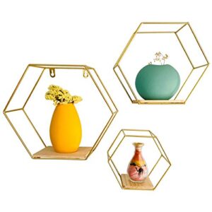 wall mounted floating hexagon shelves, metal framed gold shelves with wood based in modern chic style, for wall storage & display in living room or bedroom, set of 3 size (large, medium & small)