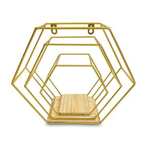 Wall Mounted Floating Hexagon Shelves, Metal Framed Gold Shelves with Wood Based in Modern Chic Style, for Wall Storage & Display in Living Room Or Bedroom, Set of 3 Size (Large, Medium & Small)