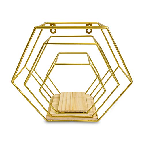 Wall Mounted Floating Hexagon Shelves, Metal Framed Gold Shelves with Wood Based in Modern Chic Style, for Wall Storage & Display in Living Room Or Bedroom, Set of 3 Size (Large, Medium & Small)