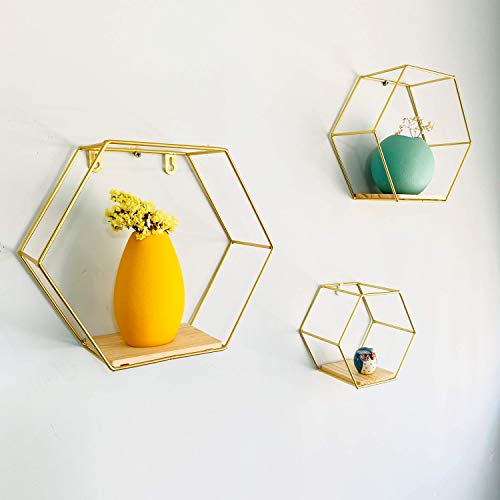 Wall Mounted Floating Hexagon Shelves, Metal Framed Gold Shelves with Wood Based in Modern Chic Style, for Wall Storage & Display in Living Room Or Bedroom, Set of 3 Size (Large, Medium & Small)