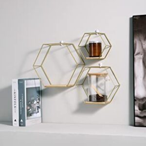 Wall Mounted Floating Hexagon Shelves, Metal Framed Gold Shelves with Wood Based in Modern Chic Style, for Wall Storage & Display in Living Room Or Bedroom, Set of 3 Size (Large, Medium & Small)