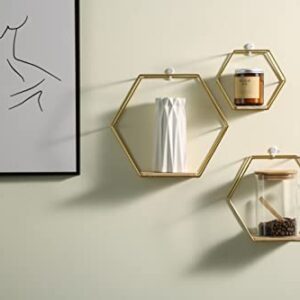 Wall Mounted Floating Hexagon Shelves, Metal Framed Gold Shelves with Wood Based in Modern Chic Style, for Wall Storage & Display in Living Room Or Bedroom, Set of 3 Size (Large, Medium & Small)