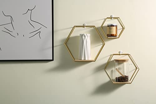 Wall Mounted Floating Hexagon Shelves, Metal Framed Gold Shelves with Wood Based in Modern Chic Style, for Wall Storage & Display in Living Room Or Bedroom, Set of 3 Size (Large, Medium & Small)