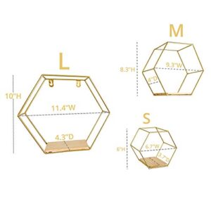 Wall Mounted Floating Hexagon Shelves, Metal Framed Gold Shelves with Wood Based in Modern Chic Style, for Wall Storage & Display in Living Room Or Bedroom, Set of 3 Size (Large, Medium & Small)