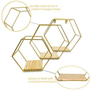 Wall Mounted Floating Hexagon Shelves, Metal Framed Gold Shelves with Wood Based in Modern Chic Style, for Wall Storage & Display in Living Room Or Bedroom, Set of 3 Size (Large, Medium & Small)