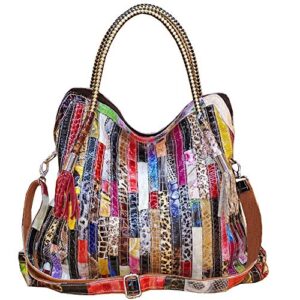 rainbosee women oversize random multicolor purse handbag large capacity satchel tote pu leather stiching top handle shoulder bag