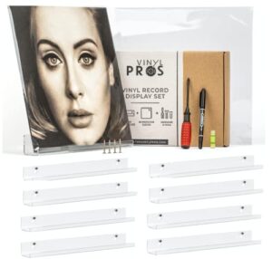 vinyl record display set – 8 pack acrylic shelf wall mount and protective sleeves – 8 clear vinyl shelves and 8 album protective sleeves, installation tools included