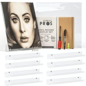 Vinyl Record Display Set - 8 Pack Acrylic Shelf Wall Mount and Protective Sleeves - 8 Clear Vinyl Shelves and 8 Album Protective Sleeves, Installation Tools Included