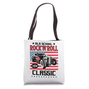 1950s sock hop rockabilly doo wop rock and roll retro hotrod tote bag