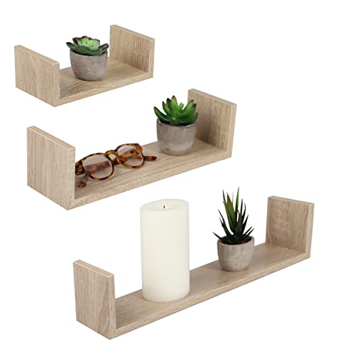 Home Basics Durable Floating Wood Shelf, (Set of 3), Oak (1)