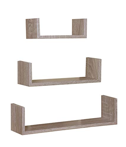 Home Basics Durable Floating Wood Shelf, (Set of 3), Oak (1)