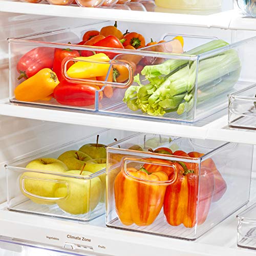 iDesign Plastic Fridge and Freezer Organizer Bin with Integrated Handles – 10” x 5” x 6”, Clear & Plastic Fridge and Pantry Organizer Bin with Integrated Handles – 8” x 8” x 6”, Clear