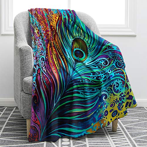 Jekeno Peacock Feathers Colorful Blanket Soft Warm Print Throw Blanket for Women Adults Gift 50"x60"