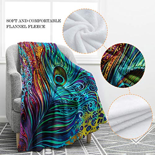 Jekeno Peacock Feathers Colorful Blanket Soft Warm Print Throw Blanket for Women Adults Gift 50"x60"