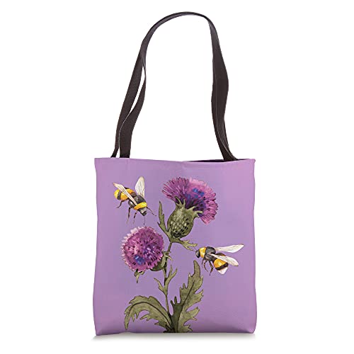 Scottish Thistle and Bumblebees for Bee Lover Purple Tote Bag