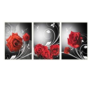 unframed modern art black and white wall romantic red rose flower poster art painting set of 3 (“ 8×10”canvas picture) girl bedroom spa bathroom art prints living bedroom corridor kitchen home decor