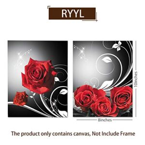 Unframed Modern Art Black and White Wall Romantic Red Rose Flower Poster Art Painting Set of 3 (“ 8x10”Canvas Picture) Girl Bedroom Spa Bathroom Art Prints Living Bedroom Corridor Kitchen Home Decor