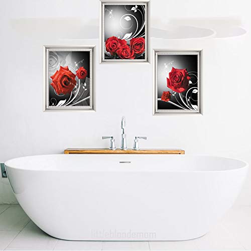 Unframed Modern Art Black and White Wall Romantic Red Rose Flower Poster Art Painting Set of 3 (“ 8x10”Canvas Picture) Girl Bedroom Spa Bathroom Art Prints Living Bedroom Corridor Kitchen Home Decor