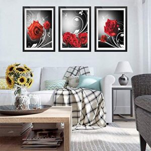 Unframed Modern Art Black and White Wall Romantic Red Rose Flower Poster Art Painting Set of 3 (“ 8x10”Canvas Picture) Girl Bedroom Spa Bathroom Art Prints Living Bedroom Corridor Kitchen Home Decor