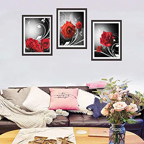 Unframed Modern Art Black and White Wall Romantic Red Rose Flower Poster Art Painting Set of 3 (“ 8x10”Canvas Picture) Girl Bedroom Spa Bathroom Art Prints Living Bedroom Corridor Kitchen Home Decor