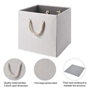 i BKGOO Foldable Storage Cube Bins Beige-White Bamboo Fabric Collapsible Resistant Basket Box Organizer with Cotton Rope Handle for Home Office and Nursery 13x13x13 inch