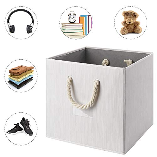 i BKGOO Foldable Storage Cube Bins Beige-White Bamboo Fabric Collapsible Resistant Basket Box Organizer with Cotton Rope Handle for Home Office and Nursery 13x13x13 inch