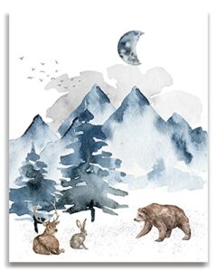 woodland animals children’s wall decor, rustic mountain tree forest landscape wall art for kids, watercolor nature baby nursery decor for boys or girls bedroom, blue gray black, unframed 11x14 print.