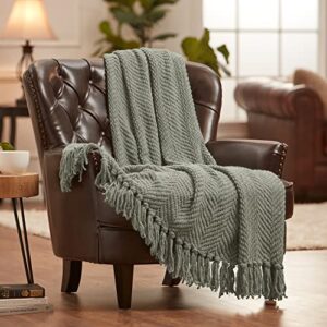 chanasya textured knitted super soft throw blanket with tassels – warm fluffy cozy plush knit – for couch bed sofa living room framhouse boho sage green accent decor (50×65 inches) tansage blanket