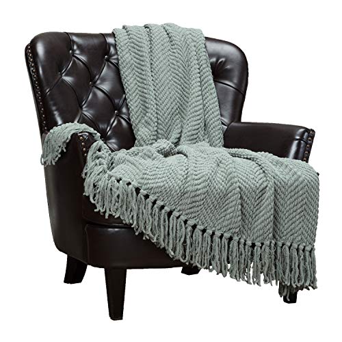 Chanasya Textured Knitted Super Soft Throw Blanket with Tassels - Warm Fluffy Cozy Plush Knit - for Couch Bed Sofa Living Room Framhouse Boho Sage Green Accent Decor (50x65 Inches) Tansage Blanket