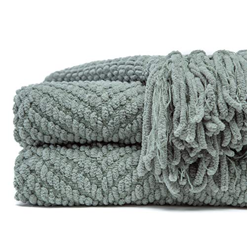 Chanasya Textured Knitted Super Soft Throw Blanket with Tassels - Warm Fluffy Cozy Plush Knit - for Couch Bed Sofa Living Room Framhouse Boho Sage Green Accent Decor (50x65 Inches) Tansage Blanket