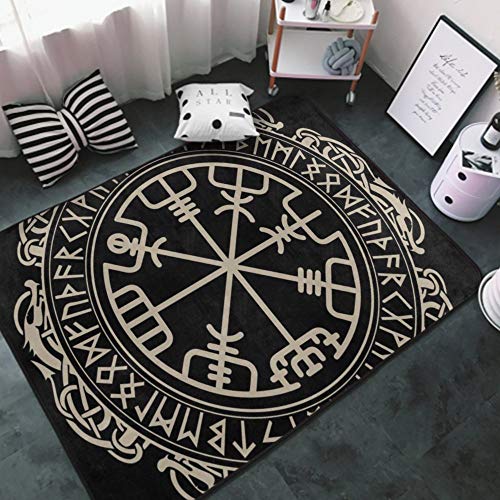 Luxury Area Rugs Thick Anti-Slip Floor Carpet, Black Celtic Viking Design Magical Runic Compass Vegvisir in The Circle of Norse Runes and Dragons Tattoo Decorative, 3 x 5 Feet