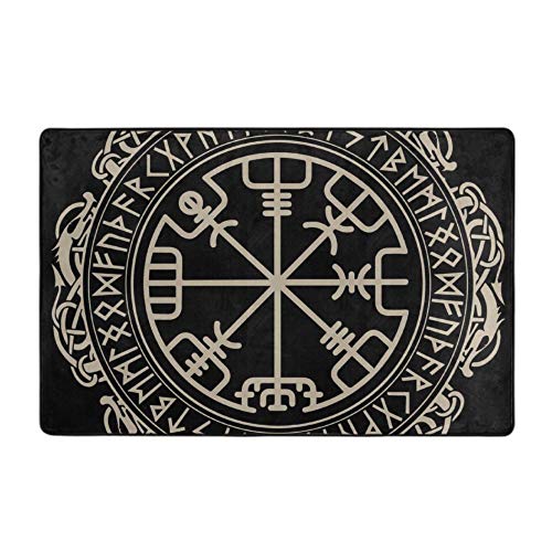 Luxury Area Rugs Thick Anti-Slip Floor Carpet, Black Celtic Viking Design Magical Runic Compass Vegvisir in The Circle of Norse Runes and Dragons Tattoo Decorative, 3 x 5 Feet