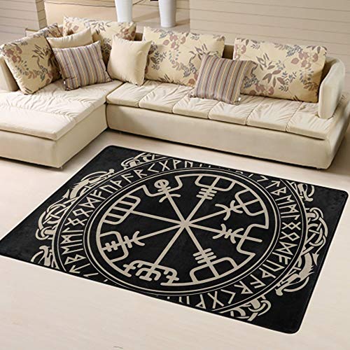 Luxury Area Rugs Thick Anti-Slip Floor Carpet, Black Celtic Viking Design Magical Runic Compass Vegvisir in The Circle of Norse Runes and Dragons Tattoo Decorative, 3 x 5 Feet