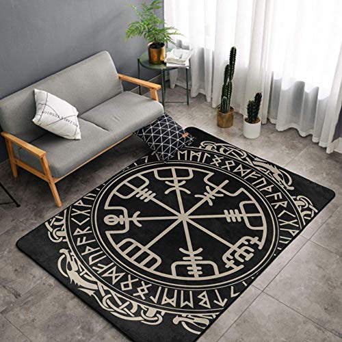 Luxury Area Rugs Thick Anti-Slip Floor Carpet, Black Celtic Viking Design Magical Runic Compass Vegvisir in The Circle of Norse Runes and Dragons Tattoo Decorative, 3 x 5 Feet