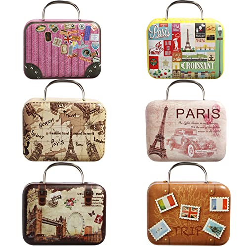 6pcs Tin Boxes with Lids Small Candy Boxes Party Favors,Suitcase Boxes with Handle for Travel Themed Wedding Decorations