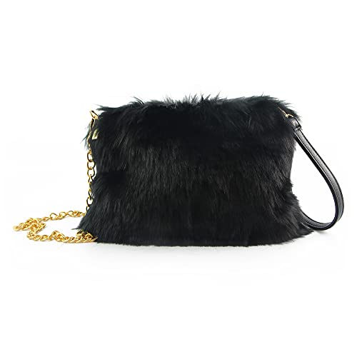 ZOSCGJMY Evening Faux Fur Handbags for Women Furry Fluffy Fuzzy Bags Purse Crossbody Shoulder Strap (Black)