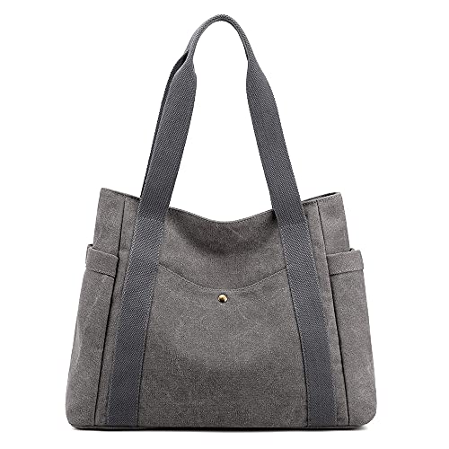 Women's Canvas Tote Handbags Multi-pocket Retro Casual Shoulder Bag Top Handle Satchel Tote Purse Gray