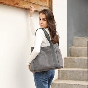 Women's Canvas Tote Handbags Multi-pocket Retro Casual Shoulder Bag Top Handle Satchel Tote Purse Gray