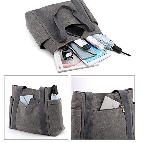 Women's Canvas Tote Handbags Multi-pocket Retro Casual Shoulder Bag Top Handle Satchel Tote Purse Gray